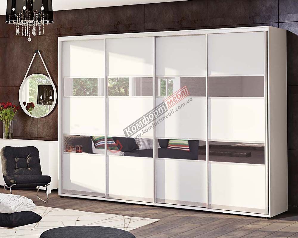 Шафа-купе 3000 мм Комфорт "Модель 3" чотиридверна білого кольору ...